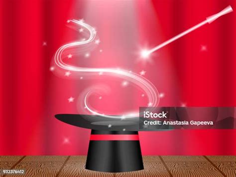 마법사의 모자 그리고 닫힌된 빨간 커튼으로 무대에서 마술 지팡이 벡터 일러스트 레이 션 Theatrical Performance에 대한 스톡 벡터 아트 및 기타 이미지