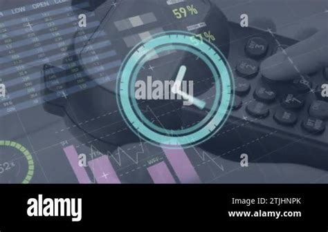 Animation Of Digital Clock And Infographic Interface Over Hand Using Credit Card Reader Digital