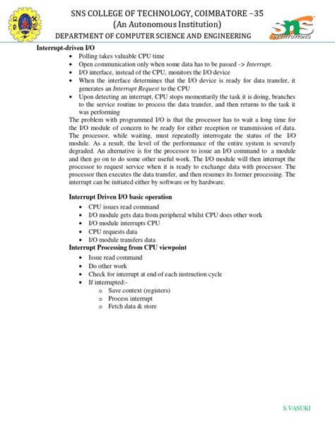 Department Of Computer Science And Engineering Interrupt Driven Io