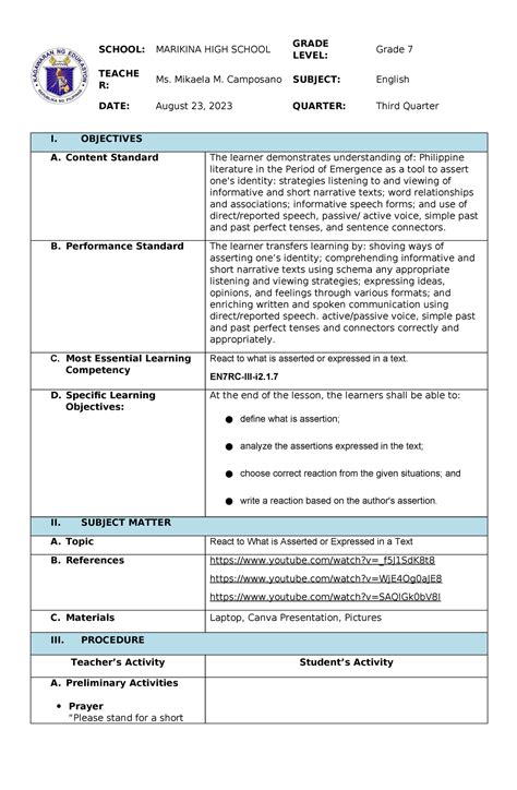 1demo Lp React To What Is Asserted Or Expressed In A Text I Objectives A Content Standard