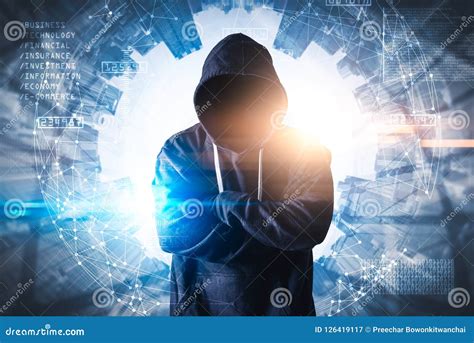 The Abstract Image Of The Hacker Standing Overlay With Futuristic Hologram And The Future