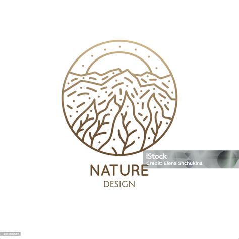 산 풍경 로고 태양 나무와 자연의 벡터 선형 라운드 아이콘입니다 비즈니스 엠블럼을 위한 최소한의 로고타입 여행 관광 및 생태학
