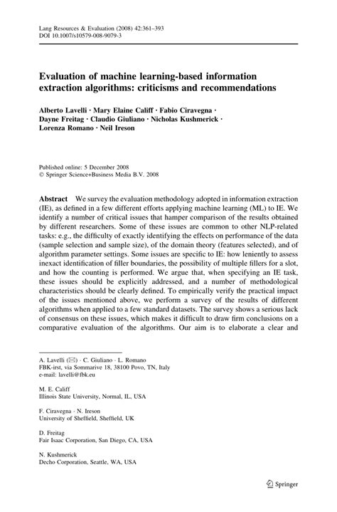 Pdf Evaluation Of Machine Learning Based Information Extraction Algorithms Criticisms And