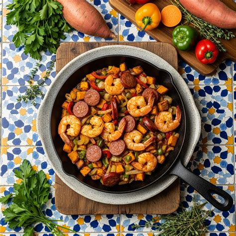 Paleo Cajun Brunch Shrimp And Andouille Sausage Skillet With Roasted