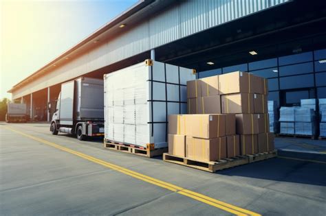 Premium AI Image Package Boxes Wrapped Plastic Stacked On Pallets