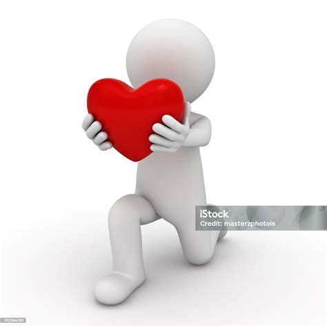 흰색 배경에 고립 된 그의 손에 마음 한쪽 무릎에 내려 받고 3d 남자 3차원 형태에 대한 스톡 사진 및 기타 이미지 3차원