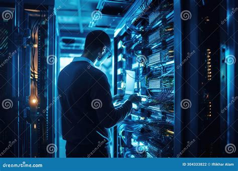A Man Stands In Front Of A Server In A Busy Server Room Surrounded By Blinking Lights And