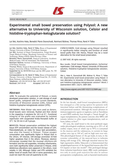 Pdf Experimental Small Bowel Preservation Using Polysol A New