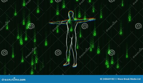 Image Of Green Binary Coding Data Processing Over Human Body Spinning