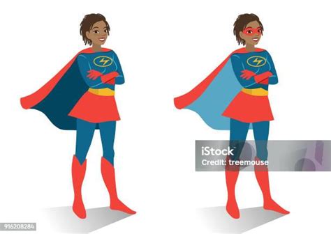 의상 및 교차 팔 면 서 슈퍼 히어로 아프리카계 미국인 여자 벡터 만화 캐릭터 그림 흰색 배경에 고립 된 플랫 현대적인 스타일