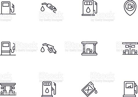 현대 주유소 개요 아이콘의 컬렉션입니다 흰색 배경에 격리된 모바일 앱 웹 사이트 전단지 배너 등에 대한 현대적인 삽화 세트 프리미엄 품질 표지판 0명에 대한 스톡 벡터 아트