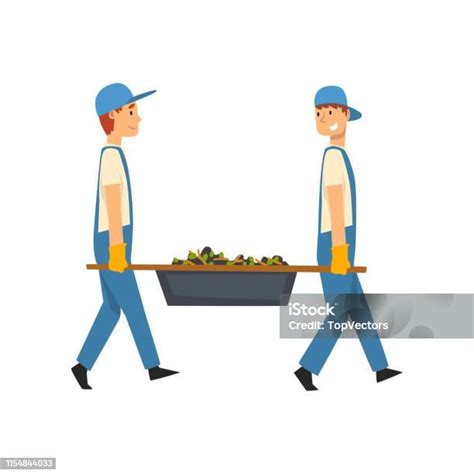 쓰레기 들 것을 나르는 두 청소 남자 제복과 고무 장갑 청소 서비스 벡터 일러스트 레이 션에 옷을 입은 남성 노동자 성격 가사 집안일에 대한 스톡 벡터 아트 및 기타 이미지