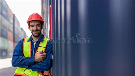 Foreman Man Working Checking At Container Cargo Harbor To Loading