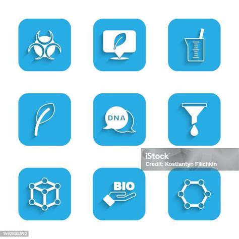 Dna 기호 바이오 건강 식품 분자 깔때기 또는 필터 잎사귀 실험실 유리 비커 및 생물학적 위험 아이콘을 설정합니다 벡터 0명에