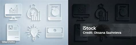 광선 빛과 아이디어의 개념 사용자 설명서 이력서 종이 돈 현금 돈 가방 다이어그램 그래프 및 컴퓨터 모니터 차트 아이콘과 함께 전구를 설정합니다 벡터 3차원 형태에 대한