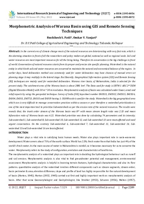 Pdf Morphometric Analysis Of Warana Basin Using Gis And Remote Sensing Techniques