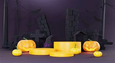 3d 렌더링 연단 스탠드 제품과 야경 귀여운 으스스한 디자인이 있는 해피 할로윈 데이 배경 할로윈 호박 유령 마녀의 가마솥