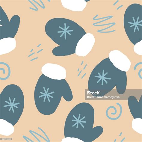 눈송이 매끄러운 패턴으로 장갑을 끼고 있습니다 손으로 그린 낙서 벡터 만화 미니멀리즘 벽지 포장지 직물 배너 겨울 의류 액세서리