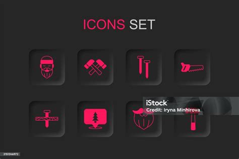 숲의 위치 교차된 망치 벌목꾼 콧수염과 수염 손톱 망치 금속 못 및 아이콘을 설정합니다 벡터 0명에 대한 스톡 벡터 아트 및 기타 이미지 Istock