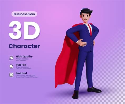 액션 슈퍼 히어로 포즈 3d 그림에 빨간 망토와 함께 서있는 강력한 사업가 프리미엄 Psd 파일