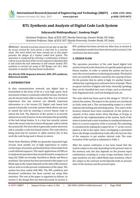 Pdf Rtl Synthesis And Analysis Of Digital Code Lock System · Key Words Fsm Sequence Detector
