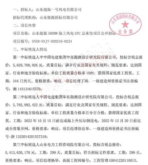 能源航母——山东能源500mw海上风电epc总承包项目开标！
