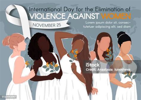 국제 여성 폭력 근절의 날 하얀 드레스를 입은 다른 인종 그룹의 여성들과 함께 배너는 손에 꽃을 들고 있습니다 손으로 그린 벡터