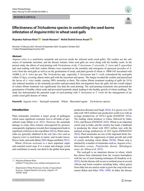 Pdf Effectiveness Of Trichoderma Species In Controlling The Seed Borne Infestation Of Anguina