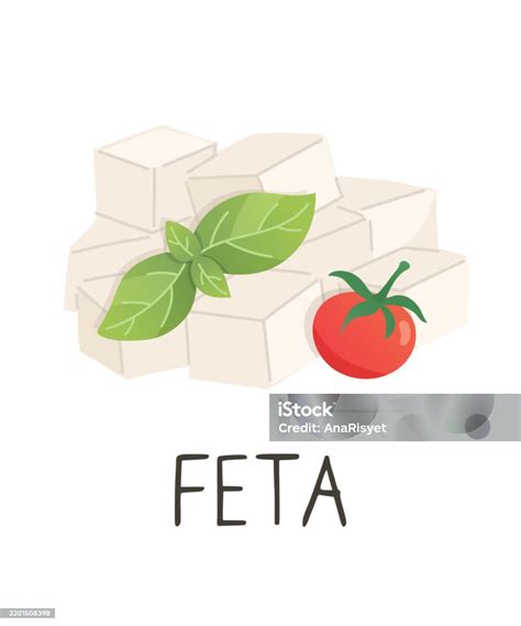 토마토와 바질을 곁들인 페타 치즈 큐브 유기농 농장 식품 디자인 요소 로고 포스터 메뉴에 대한 만화 평면 그림 흰색 배경에 고립되어 있습니다 건강한 생활방식에 대한 스톡