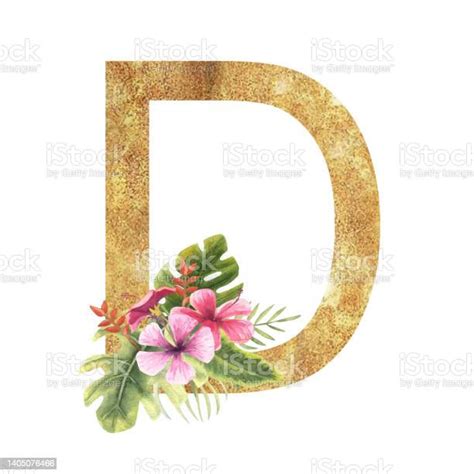열대 잎과 꽃의 수채화 꽃다발이있는 영어 알파벳의 황금 문자 D 손으로 그린 벡터 일러스트 레이 션 0명에 대한 스톡 벡터 아트 및 기타 이미지 Istock