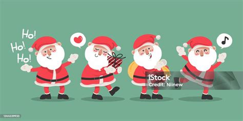 선물 상자 선물 가방 하트 모양과 텍스트 상자와 호에 음악 노트플랫 디자인의 산타 클로스 캐릭터 컬렉션 녹색 배경에 텍스트입니다