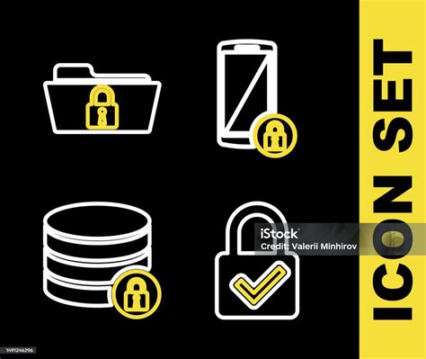 Set Line Smartphone With Lock Lock And Check Mark Server Security And Folder Icon Vector Stock