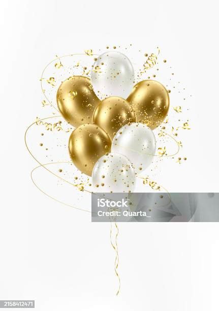 흰색과 금색 풍선의 3d 사실적인 묶음 3차원 형태에 대한 스톡 벡터 아트 및 기타 이미지 3차원 형태 공휴일 금 금속 Istock