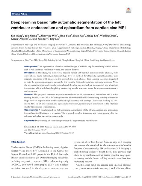 Pdf Deep Learning Based Fully Automatic Segmentation Of The Left Ventricular Endocardium And