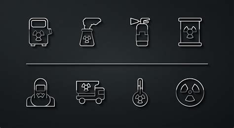 세트 라인 전기 자동차 충전소 원자로 작업자 방사성 폐기물 배럴 기상 온도계 방사선 물질이 있는 트럭 발전소 소화기 아이콘 벡터 검은색에 대한 스톡 벡터 아트 및 기타