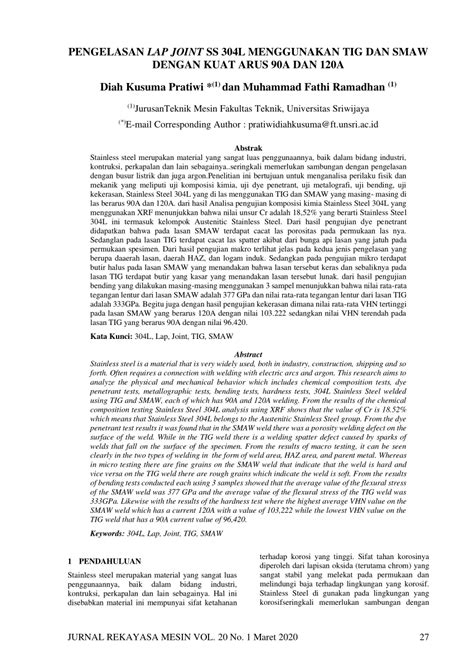 Pdf Pengelasan Lap Joint Ss 304l Menggunakan Tig Dan Smaw Berarus 90a