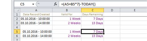 Excel Formula Subtract Valid For Date From Date Created To Give Days Remaining Stack Overflow