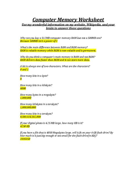 Computer Memory Worksheet Why Do You Think A Computers Main Memory Is Ram And Not Rom Ram