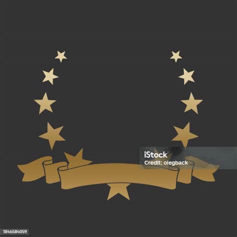 황금 리본이 달린 현실적인 별 금 월계관 프리미엄 휘장 검은 배경에 전통적인 승리의 상징 승리 승리 포스터 배너 레이아웃 반짝이는 프레임 테두리 3차원 형태에 대한 스톡