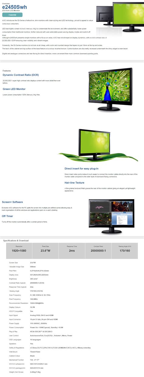 Buy AOC E2450Swh 23 6in LED Widescreen Monitor E2450SWH PC Case Gear Australia