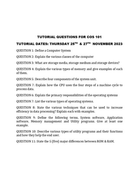 Cos 101 Tutorial Questions Pdf