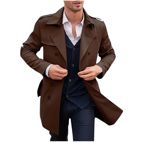 Lnwuy Mens Solid Fashion Trench Coat Notched Lapel Double Breasted Long