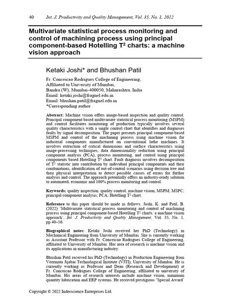Joshi Patil 2022 Multivariate Statistical Process Monitoring And