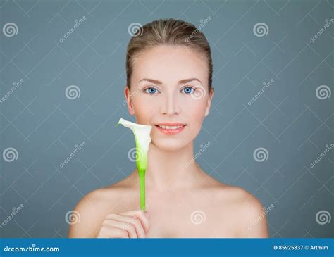 Healthy Woman With Lily Flower Smiling Stock Image Image Of Female Purity 85925837