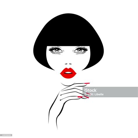 검은 입술 무성한 속눈썹 검은 매니큐어 손톱 검은 머리 세련된 헤어 스타일과 손 아름다운 여자 얼굴 뷰티 로고 네일 아트 스튜디오 배경 화면 배경 화면입니다 벡터 그림입니다