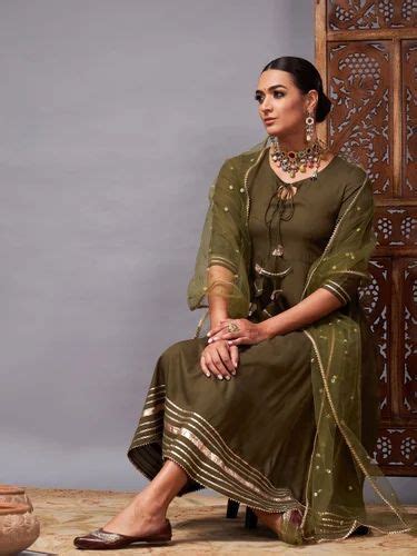 Women Olive Kurta Set With Net Sequins Dupatta Women Kurta महिलाओ का