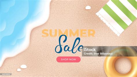 해변과 바다 여름 배경 벡터입니다 노란 모래 수영 반지 팽창식 고무 원형 공 평면도 배너 또는 포스터 판매 템플릿입니다 심플한 만화 디자인 사실적인 3d 일러스트레이션