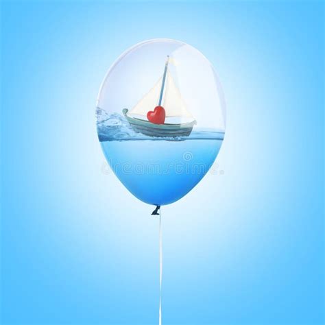 Small Boat With Red Heart Floating On Water Inside Balloon Against