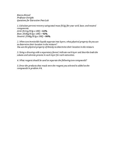 Extraction Post Lab Kanza Ahmad Professor Enright Questions For
