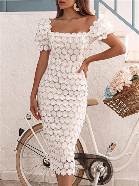 Stylish Lace Solid Color Midi Dress Mid Length Dresses Women Lace